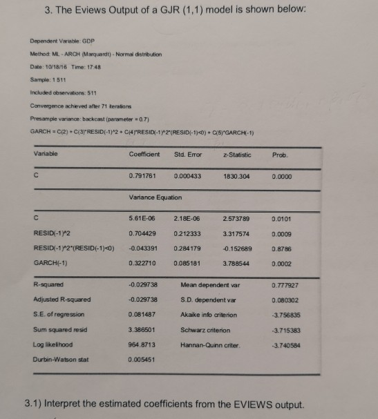 Solved 3. The Eviews Output of a GJR (1,1) model is shown | Chegg.com