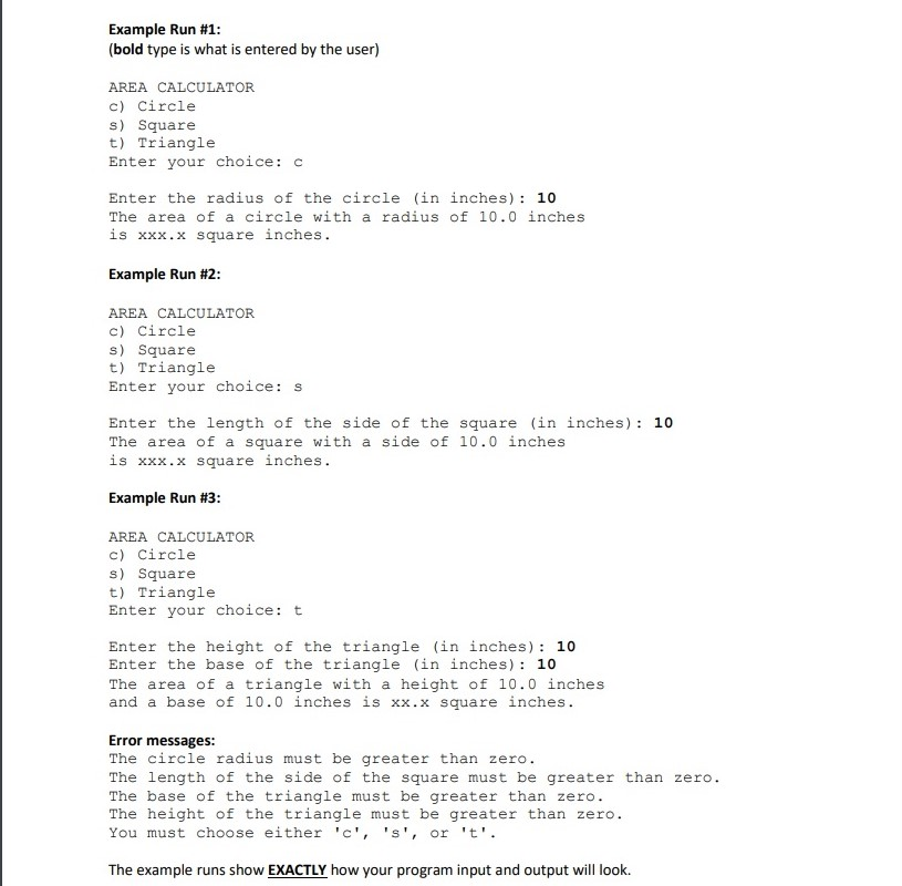 Solved Areas Write a program to display a menu with 3 | Chegg.com