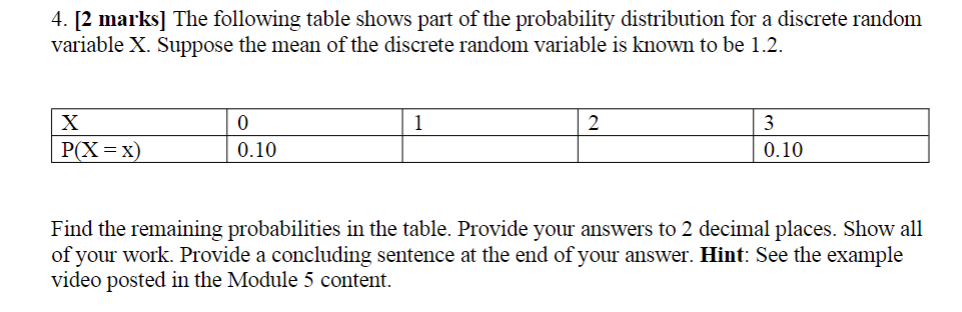Solved 4. [ 2 marks] The following table shows part of the | Chegg.com