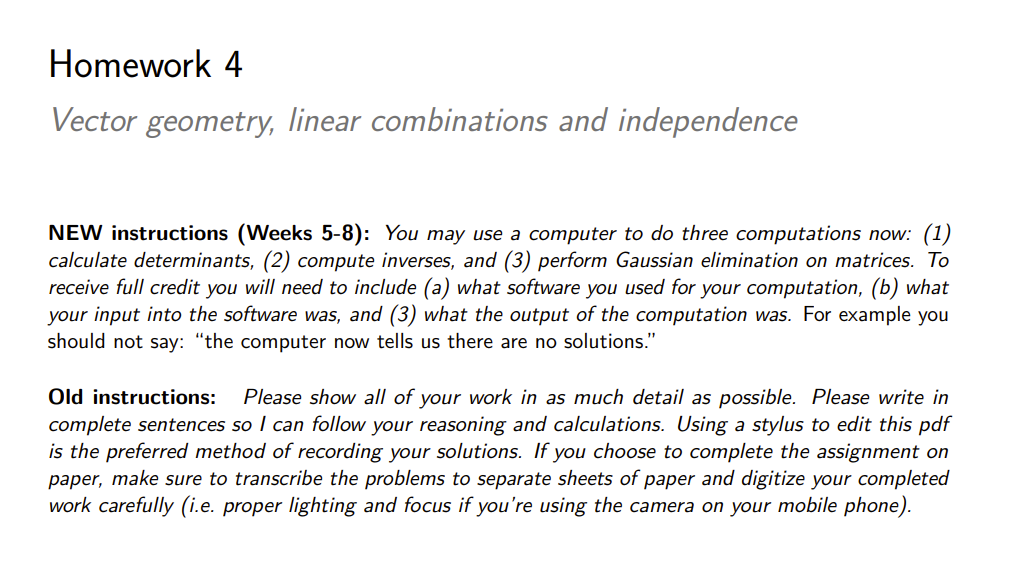 Solved Homework 4 Vector geometry, linear combinations and | Chegg.com