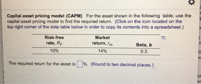 Solved Capital asset pricing model (CAPM) For the asset | Chegg.com