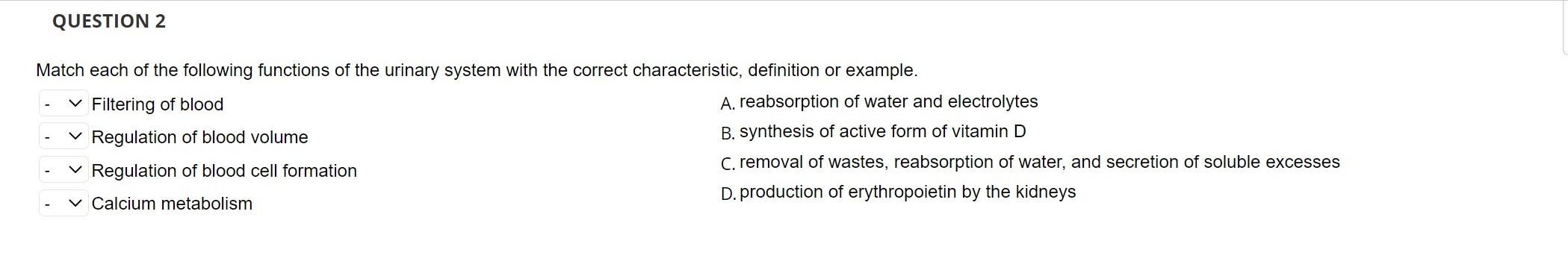 Solved Match each of the following functions of the urinary | Chegg.com