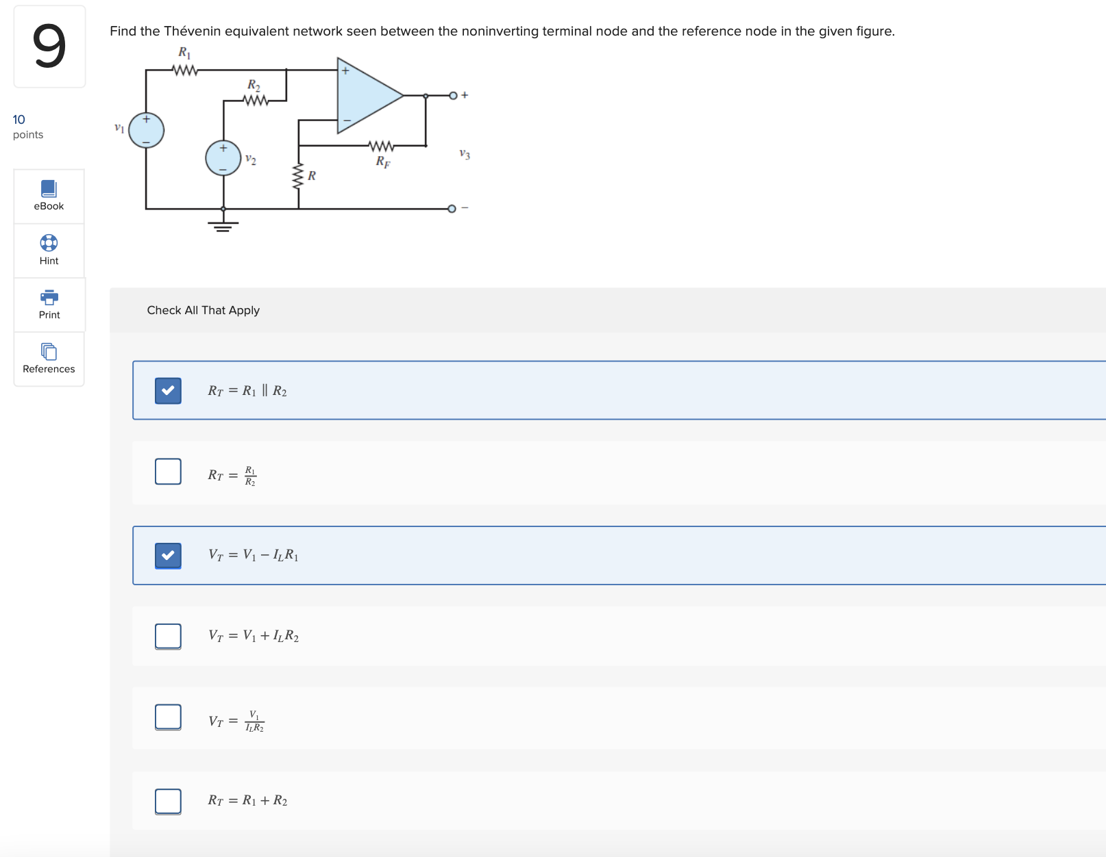 Solved Check All That Apply RT=R1∥R2 RT=R2R1 VT=V1−ILR1 | Chegg.com