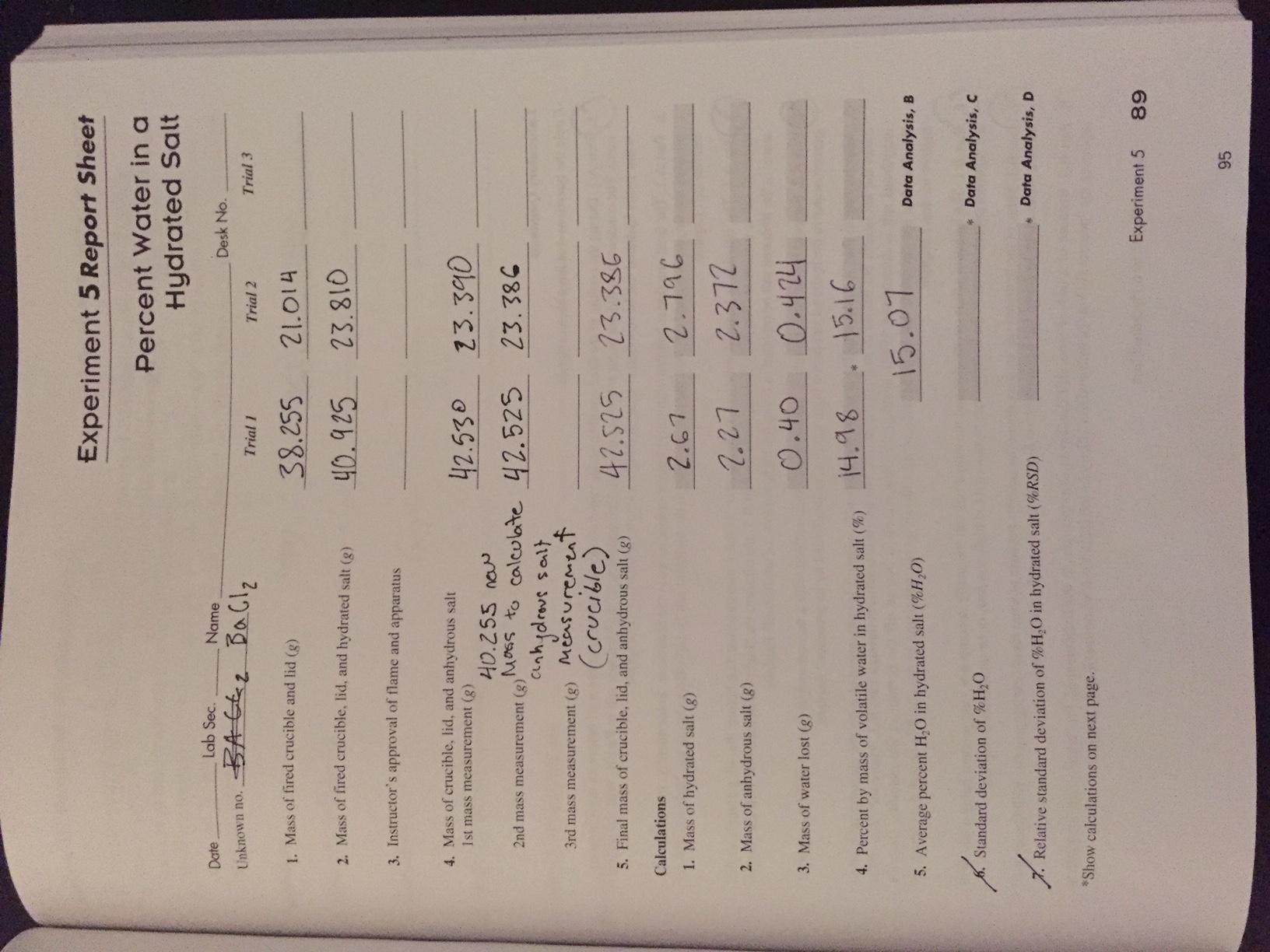 Solved Chemistry 111 Formula of a Hydrate Addendum . Using | Chegg.com
