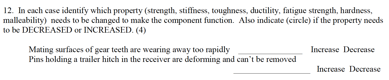 Solved 12. In each case identify which property (strength, | Chegg.com