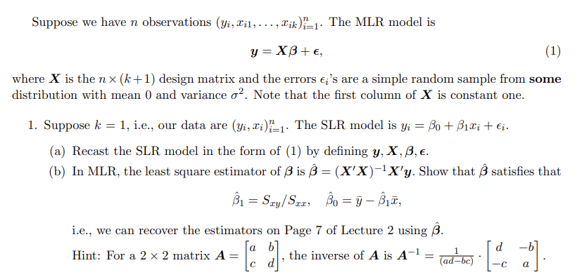 Solved Suppose we have n observations (yi,xi1,…,xik)i=1n. | Chegg.com