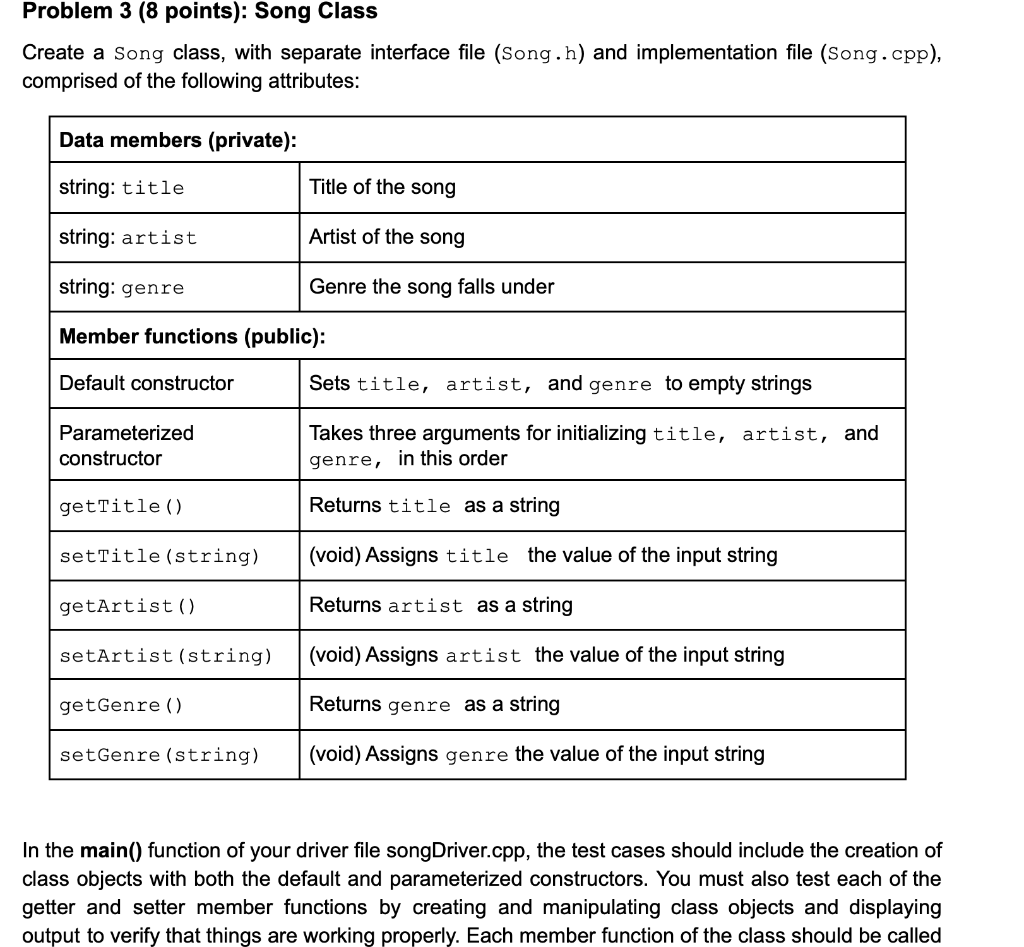 Solved Problem 3 (8 points): Song Class Create a Song class, | Chegg.com