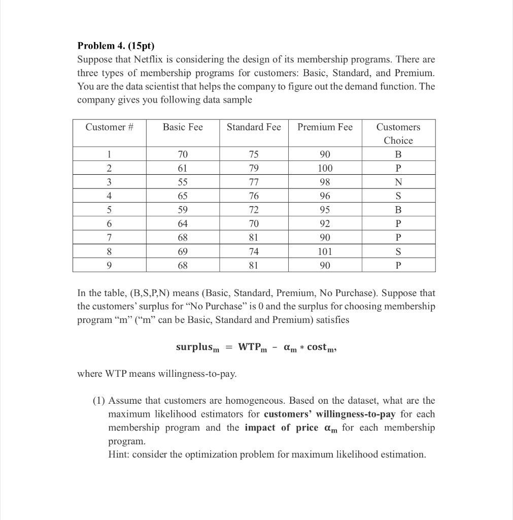 Problem 4. (15pt) Suppose that Netflix is considering | Chegg.com