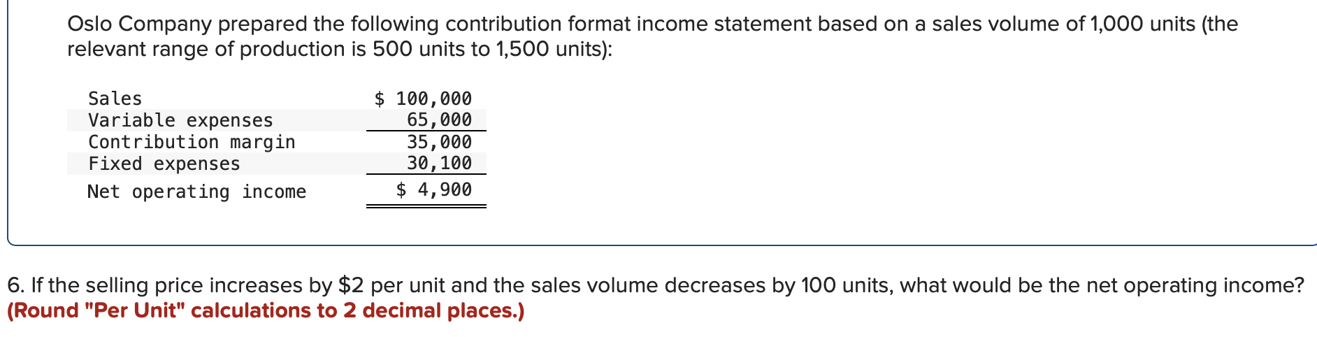Solved Oslo Company prepared the following contribution | Chegg.com