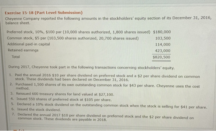 Exercise 15-18 (Part Level Submission) Cheyenne | Chegg.com