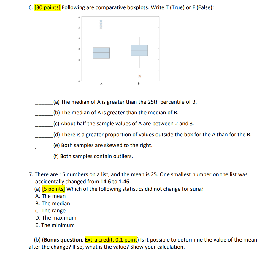 Solved 6. [30 points] Following are comparative boxplots. | Chegg.com