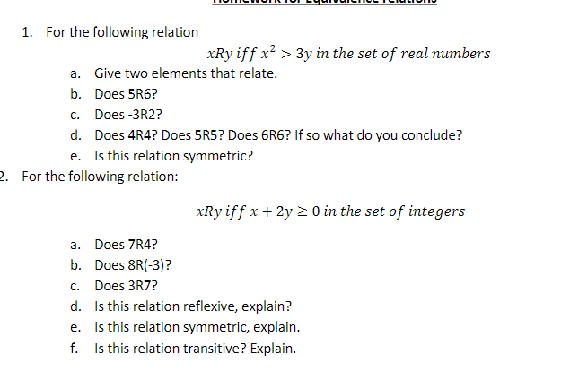 Solved 1. For the following relation xRy iff x2>3y in the | Chegg.com