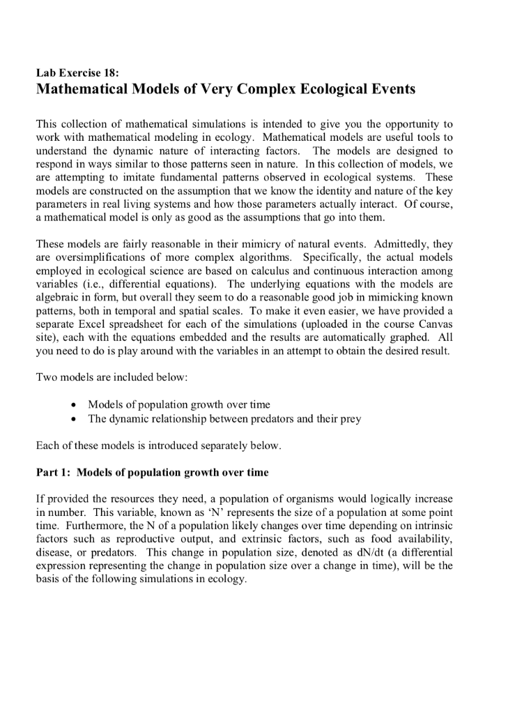 Lab Exercise 18: Mathematical Models of Very Complex | Chegg.com