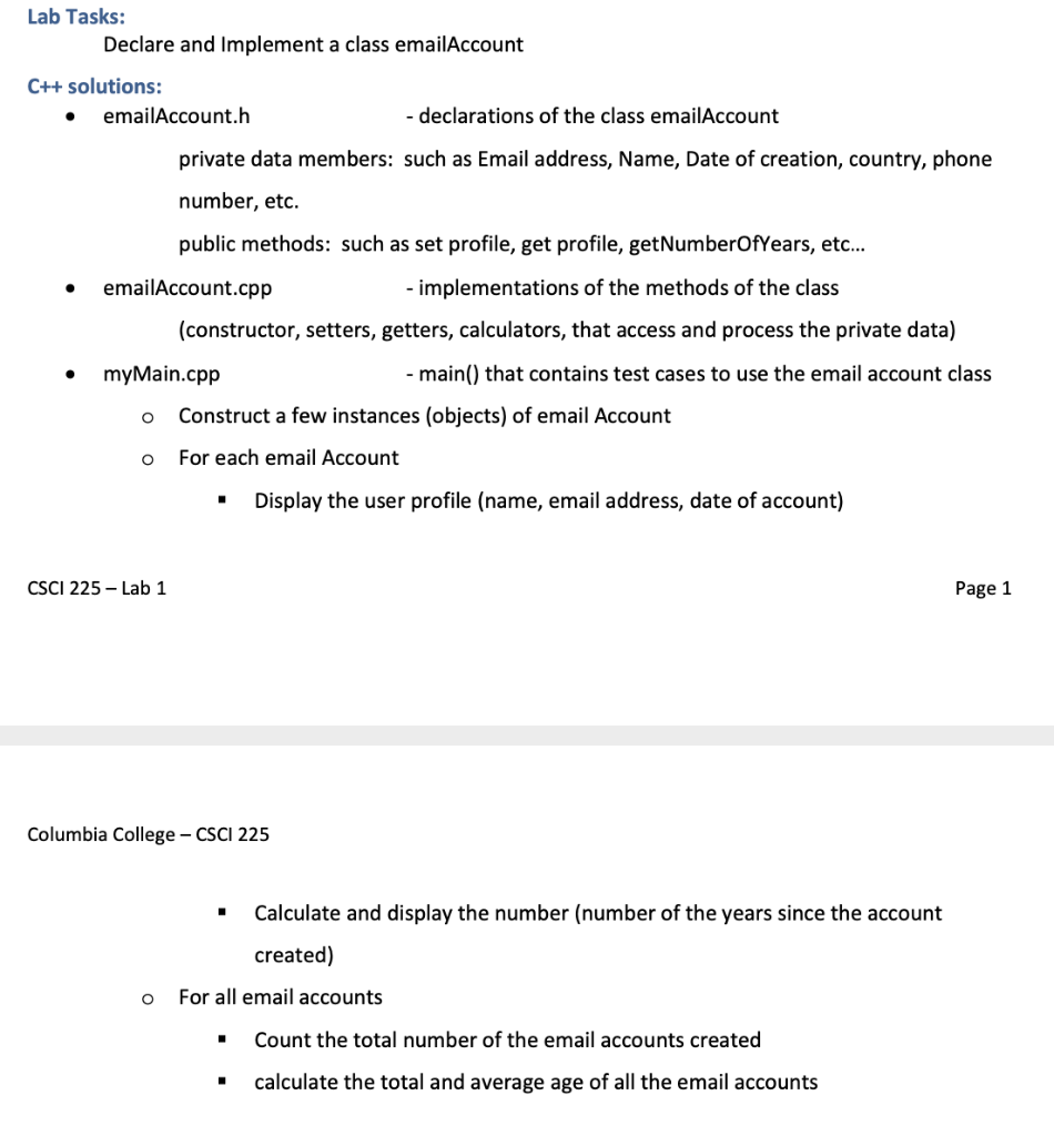 Solved Lab Tasks: Declare and Implement a class emailAccount | Chegg.com