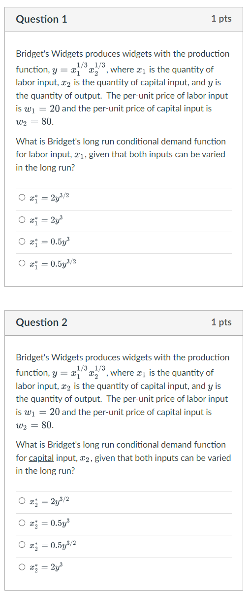 Solved Bridget's Widgets produces widgets with the | Chegg.com