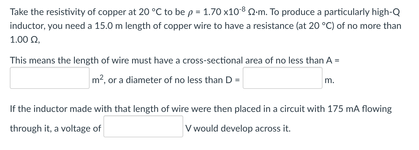 Solved Take the resistivity of copper at 20°C to be p = 1.70 | Chegg.com