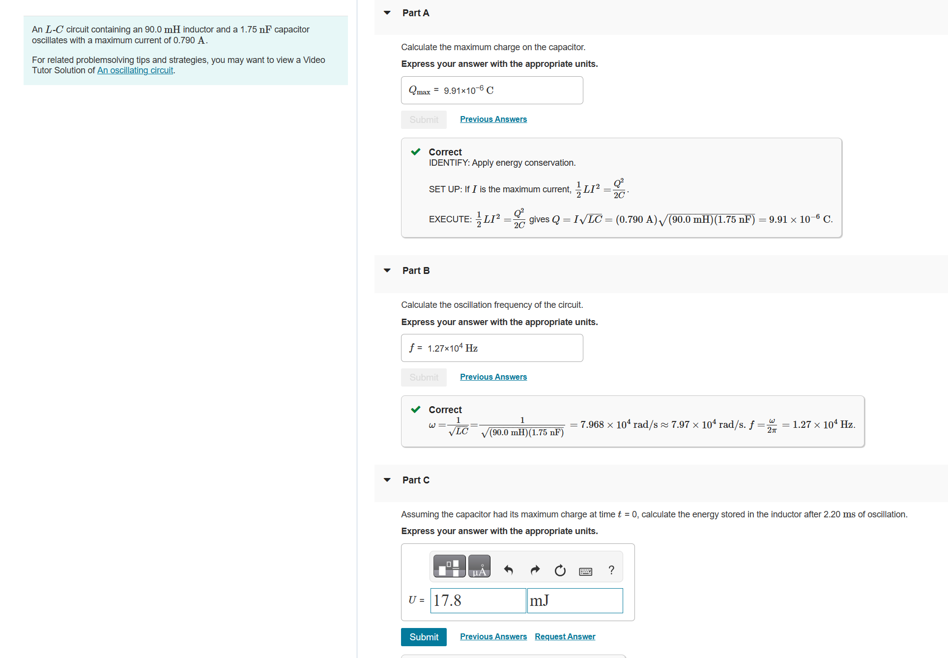 Solved An L−C circuit containing an 90.0mH inductor and a | Chegg.com
