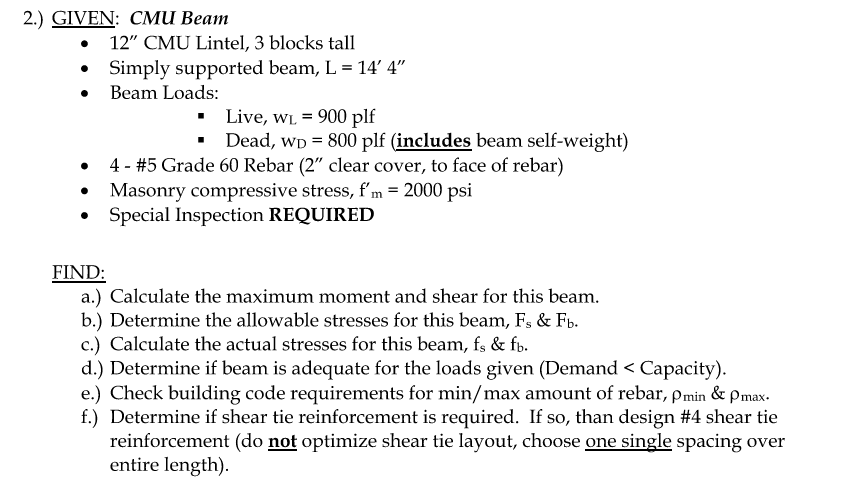 Solved 2.) GIVEN: CMU Beam • 12” CMU Lintel, | Chegg.com