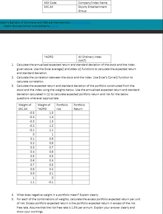 ASX Code SKC.AX Company/Index Name Skycity | Chegg.com