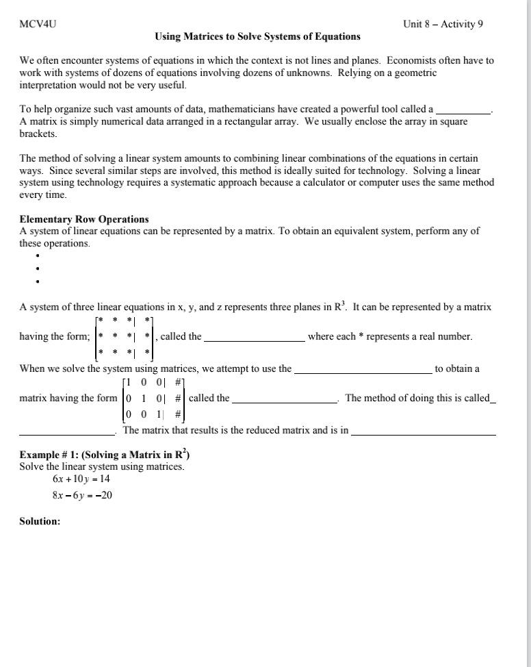 Solved MCV4U Unit 8 - Activity 9 Using Matrices to Solve | Chegg.com