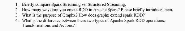 Solved 1. Briefly compare Spark Streaming vs. Structured | Chegg.com