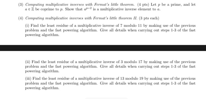 Solved (3) Computing multiplicative inverses with Fermat's | Chegg.com