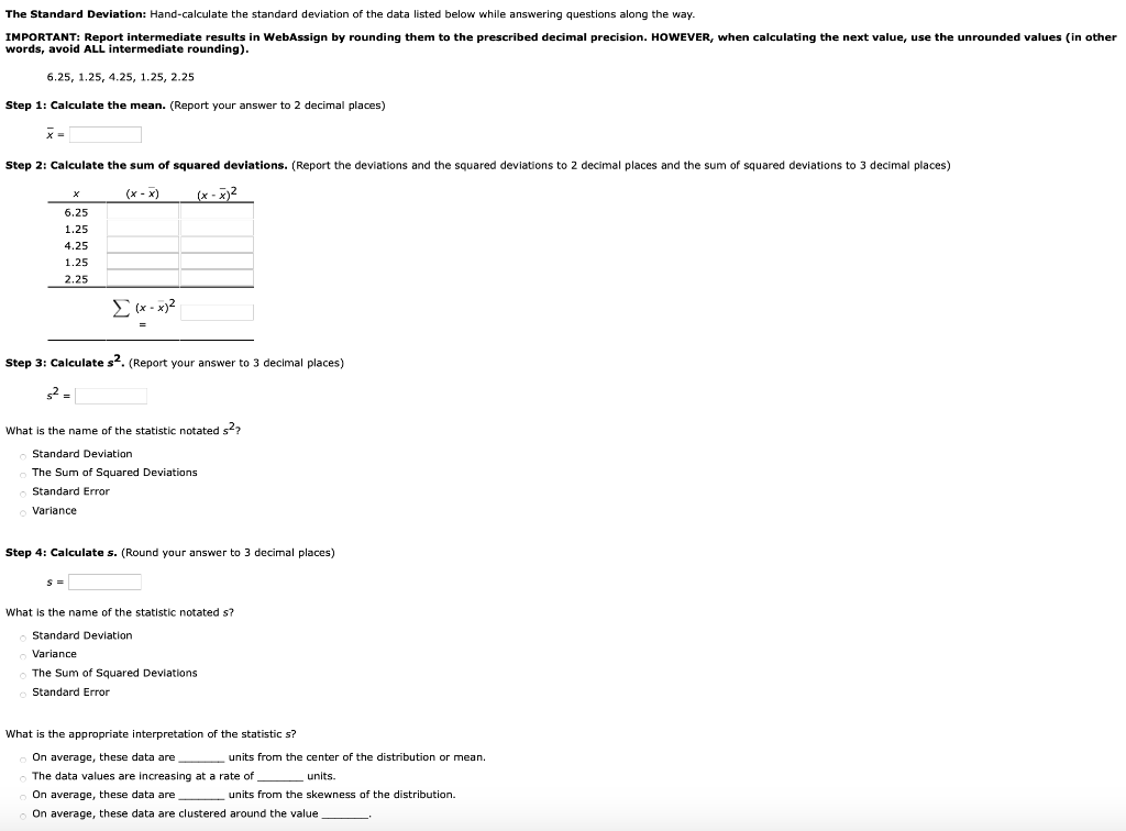 Solved The Standard Deviation: Hand-calculate the standard | Chegg.com