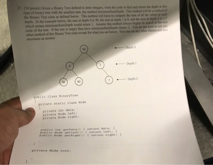 Solved 27. (10 points) Given a Binary Tree defined to store | Chegg.com
