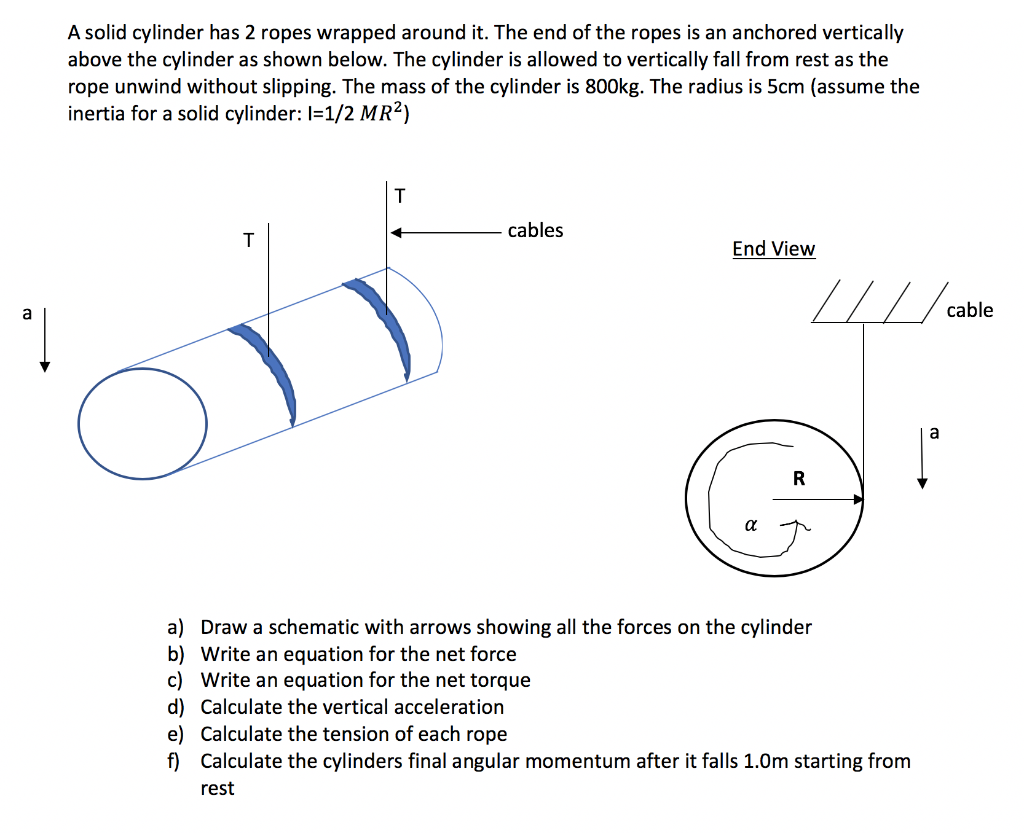 Solved A solid cylinder has 2 ropes wrapped around it. The | Chegg.com