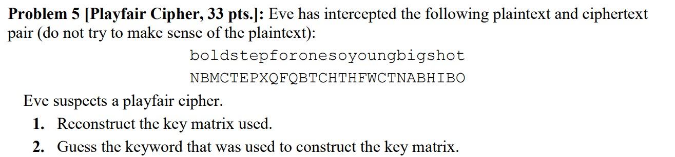 Solved Problem 5 [Playfair Cipher, 33 pts.]: Eve has | Chegg.com