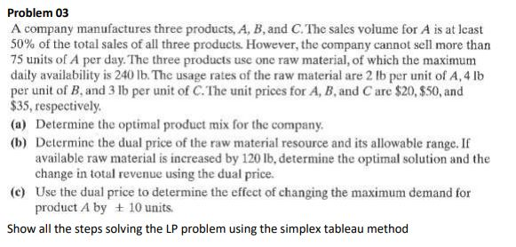 Solved Problem 03 A company manufactures three products, A, | Chegg.com