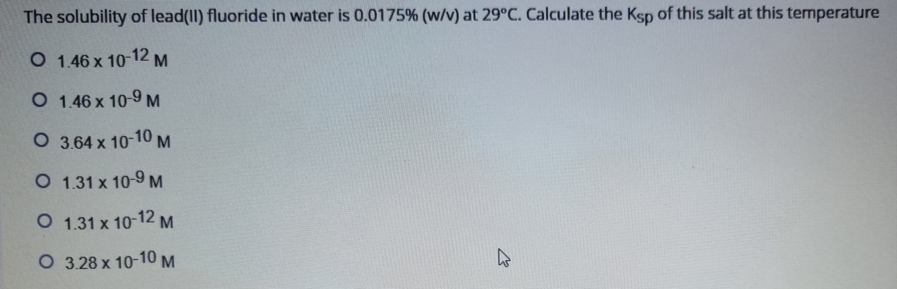 Solved The solubility of lead(II) fluoride in water is | Chegg.com