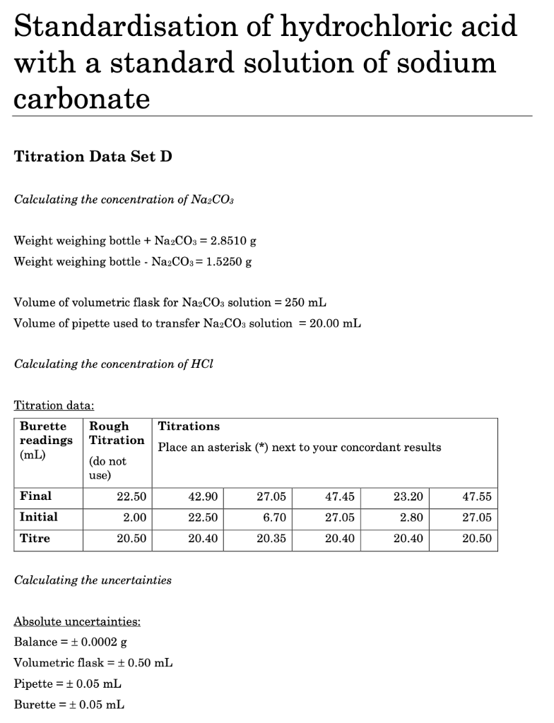 Solved Standardisation of hydrochloric acid with a standard | Chegg.com