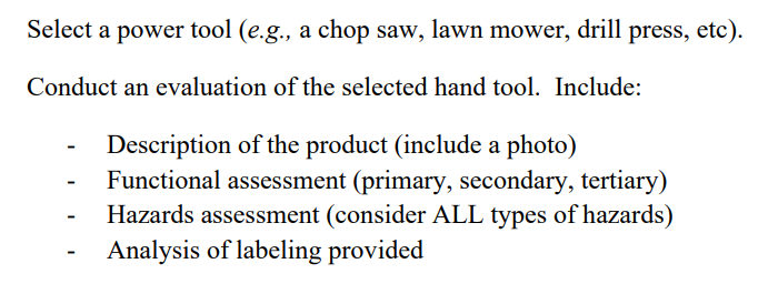 Solved Select a power tool (e.g., a chop saw, lawn mower, | Chegg.com