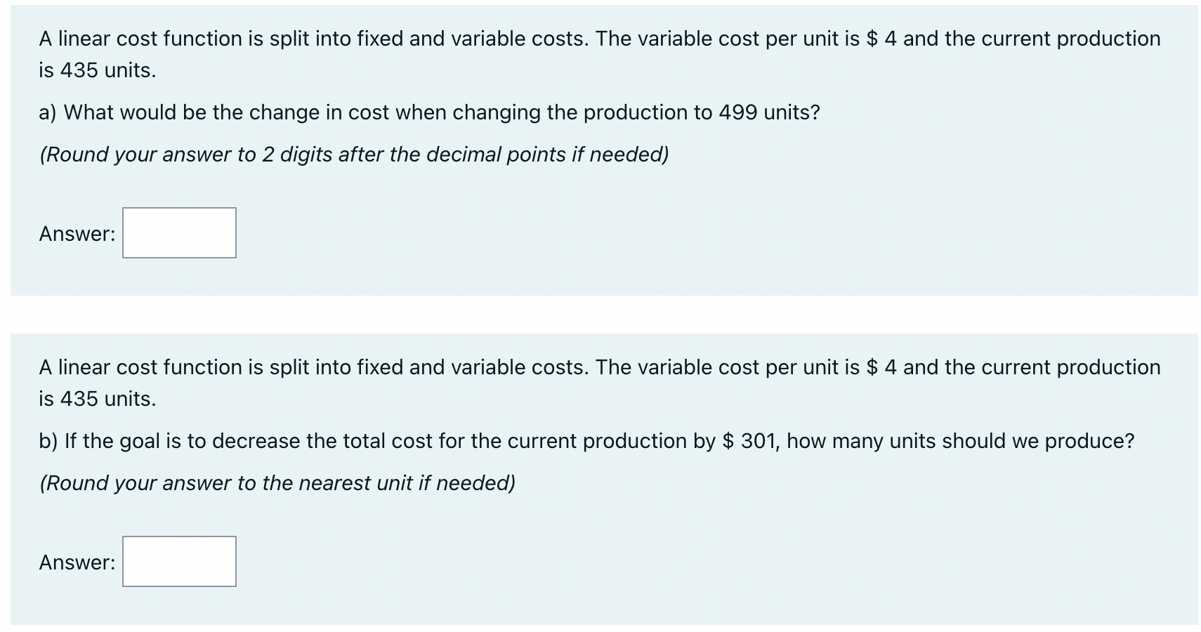 Solved A linear cost function is split into fixed and | Chegg.com