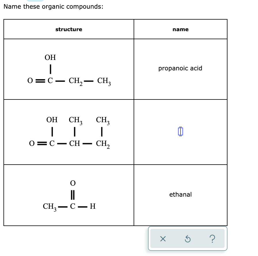 Solved Name these organic compounds: structure name OH I 0=C | Chegg.com