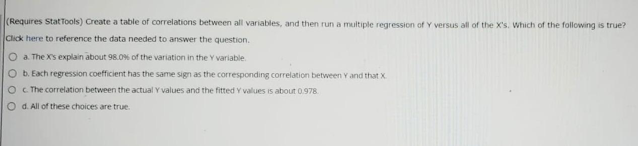 Solved (Requires StatTools) Create a table of correlations | Chegg.com