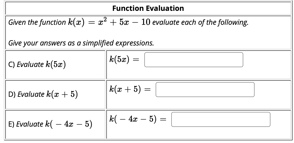 Solved Function Evaluation Given the function k(x) = x2 + 5x | Chegg.com