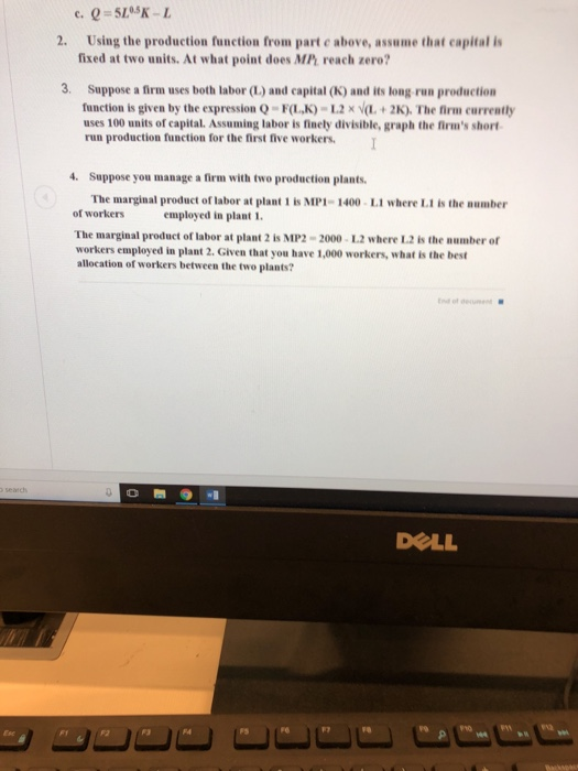 Solved 2. Using the production function from part e above, | Chegg.com