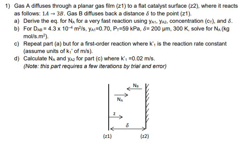 1) Gas A diffuses through a planar gas film (z1) to a | Chegg.com