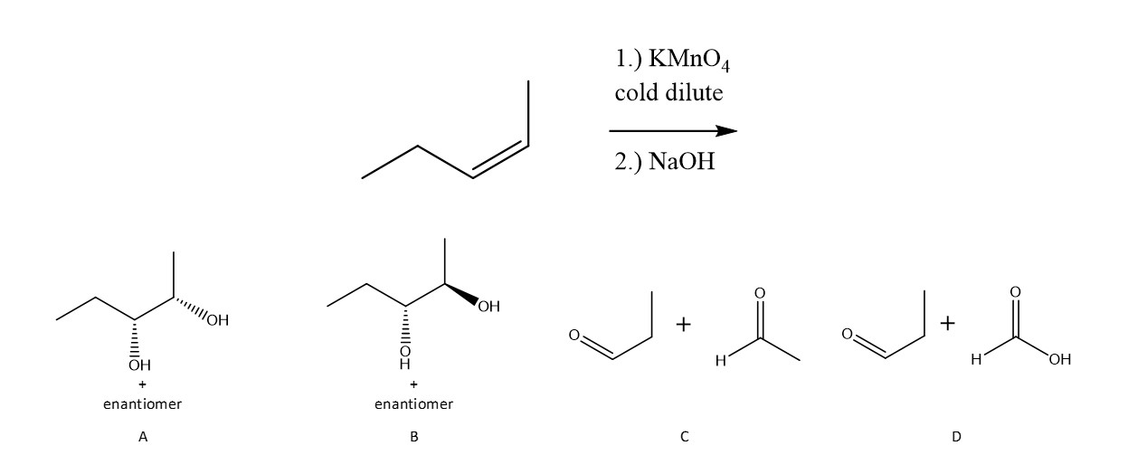 Solved 1.) KMnO4 cold dilute 2.) NaOH O OH + IO||III. H H OH | Chegg.com