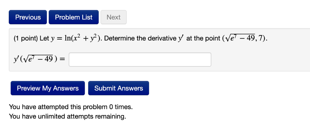 Solved Previous Problem List Next (1 point) Let y = ln(x2 + | Chegg.com