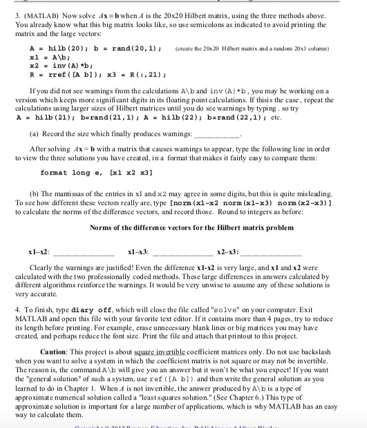 MATLAB Project: Using Backslash to Solve Ax=b Name | Chegg.com