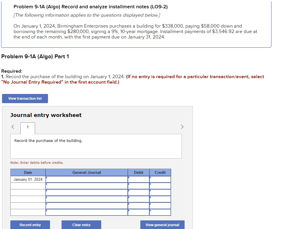 Solved Problem 9-1A (Algo) ﻿Record and analyze installment | Chegg.com