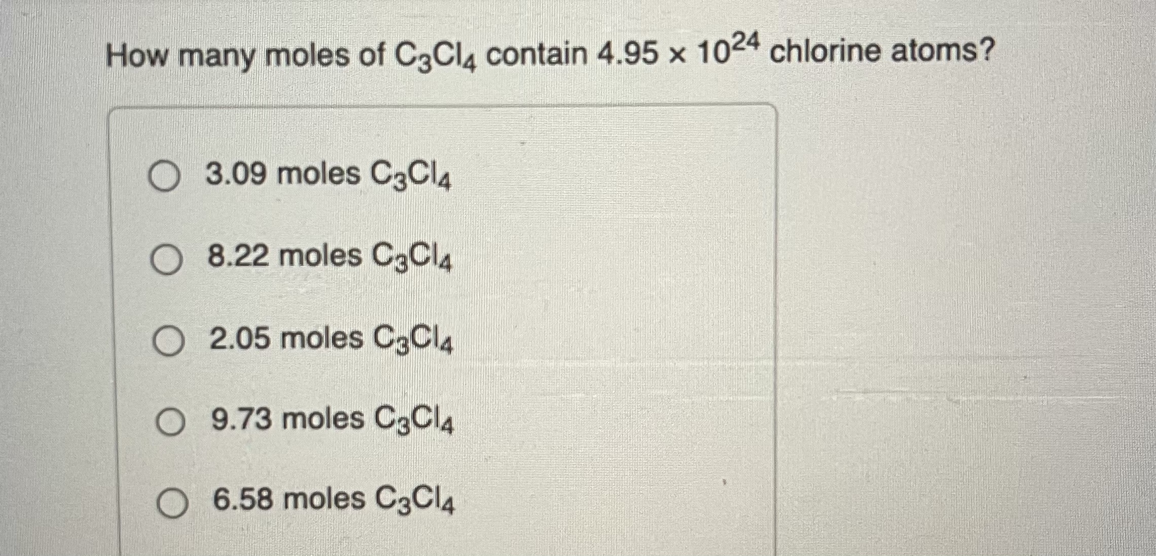 Solved How many moles of C3Cl4 contain 4.95×1024 chlorine | Chegg.com