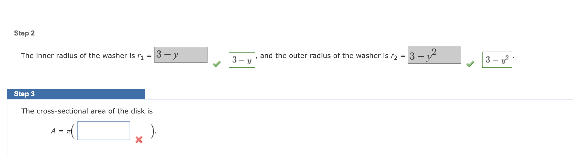 Solved Step 2 The inner radius of the washer is r1= 3−y′ and | Chegg.com