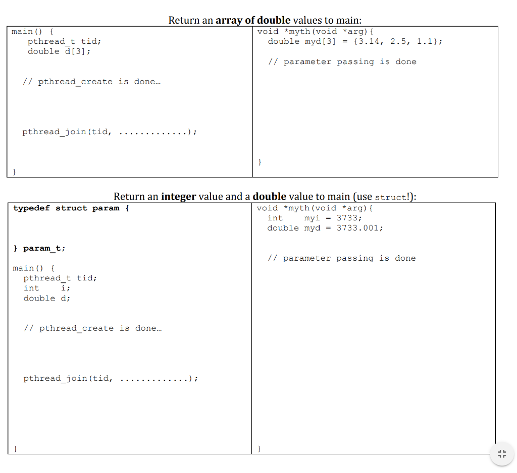 main() pthread t tid; double d[3]; Return an array of | Chegg.com