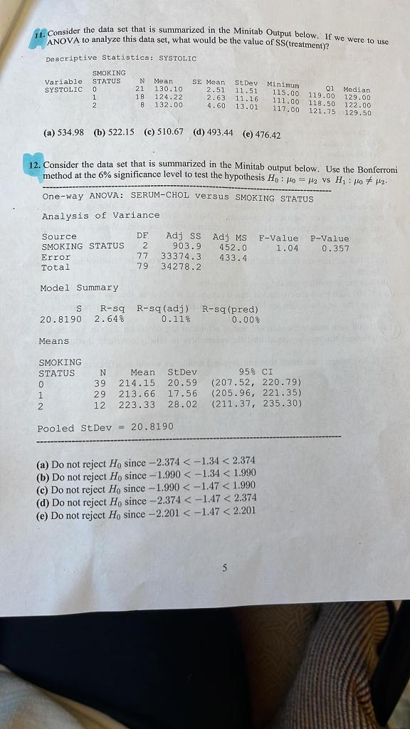 Solved 11. Consider the data set that is summarized in the | Chegg.com