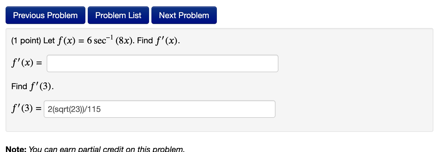 Solved (1 point) Let f(x)=6sec−1(8x). Find f′(x). f′(x)= | Chegg.com