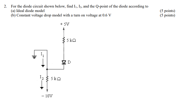 Solved 2. For the diode circuit shown below, find I1,I2, and | Chegg.com